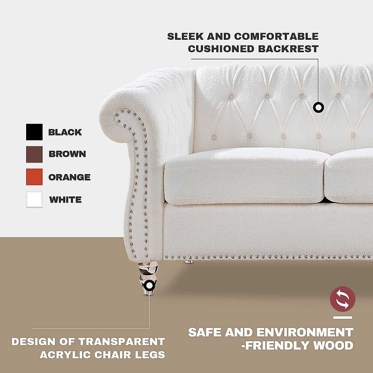 Vaztrlus White Velvet Couches for Living Room 3-Seater Chesterfield Sofa Tufted Sofa Furniture Couch Nailhead Upholstered Couches Minimalis Light Luxury Easy to Assemble