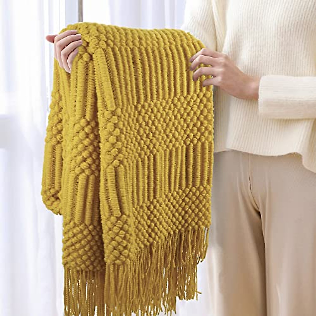 Mustard Yellow Throw Blanket for Couch Bed Sofa, Soft Knitted Throw Blanket with Decorative Tessels, Bubble Lightweight Textured Blanket 50 x 60 Inches