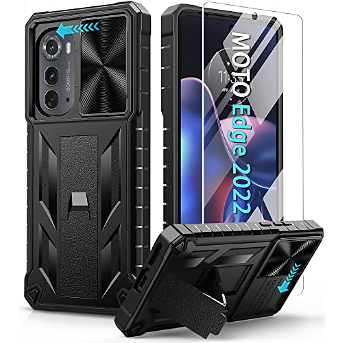 FNTCASE Military Grade Moto Edge 2022 Case: Shockproof TPU, Sturdy Kickstand & Camera Slide Cover - Black