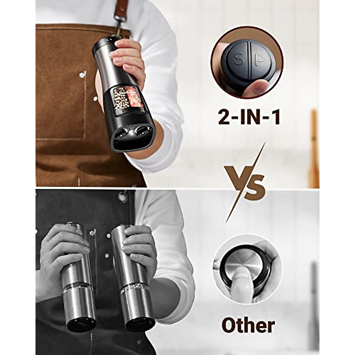 Sangcon 2 in 1 Electric Salt and Pepper Grinder Set, Battery Powered Salt and Pepper Mill, Automatic One-Handed Operation Refillable Grinder with Light, Adjustable Ceramic Grinders, Metallic Gunmetal