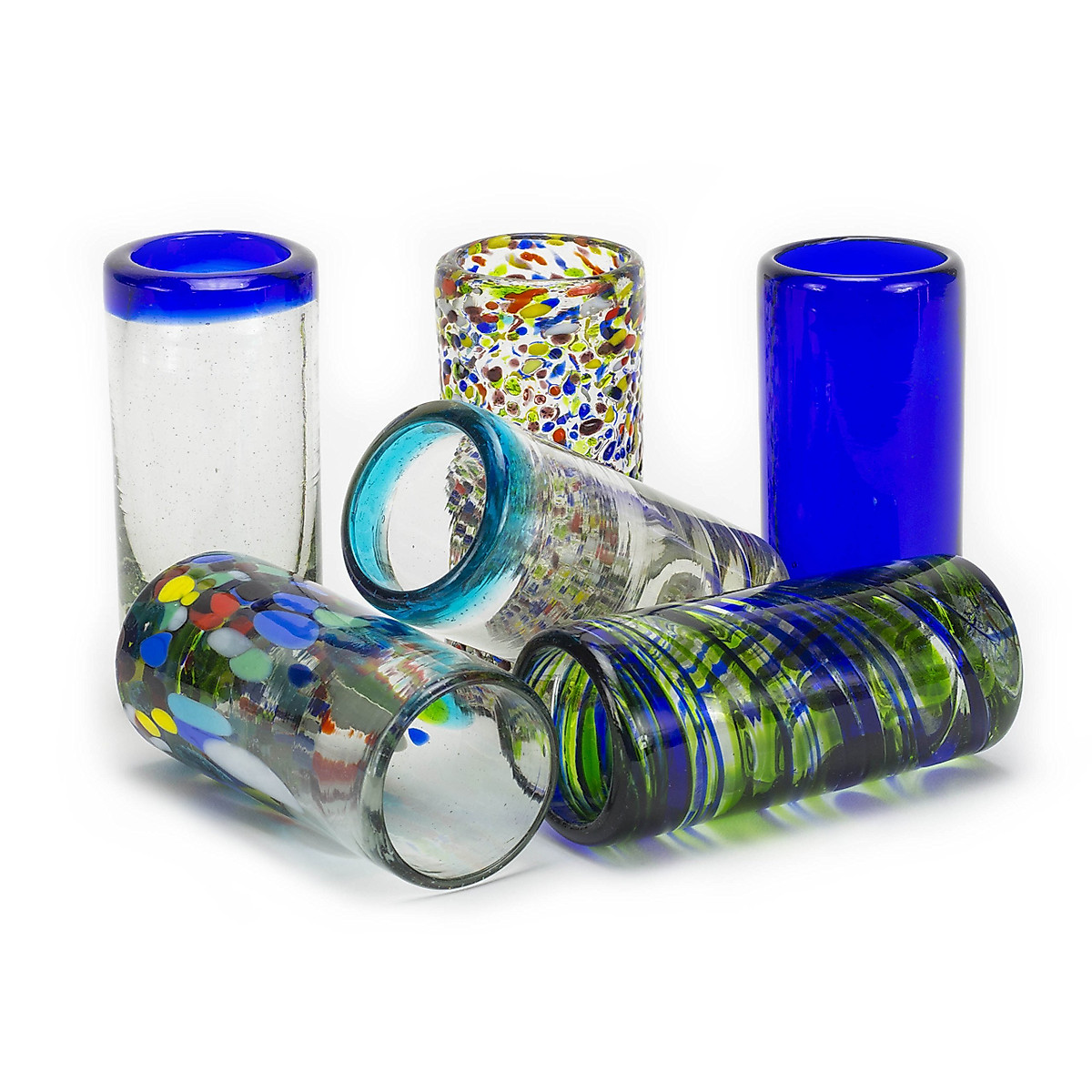 MEXART Artisan Crafted Hand Blown 6 Different Design Collection Recycled Glass Shots Glasses, 2 oz. 'Classic' (set of 6)