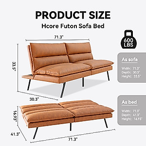 Hcore Convertible Futon Sofa Bed,Brown Faux Leather Memory Foam Loveseat,Small Euro Lounger Sofa for Compact Living Spaces,Apartment,Dorm,Studio,Guest Room,Home Office/Cushion Thickening