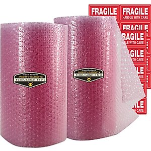Mighty Gadget Pink Anti-Static Bubble Cushioning Wrap Rolls for Moving & Packaging with Perforated Line Every 12"(12" x72 Feet, 36’/Roll) + Free Fragile Labels