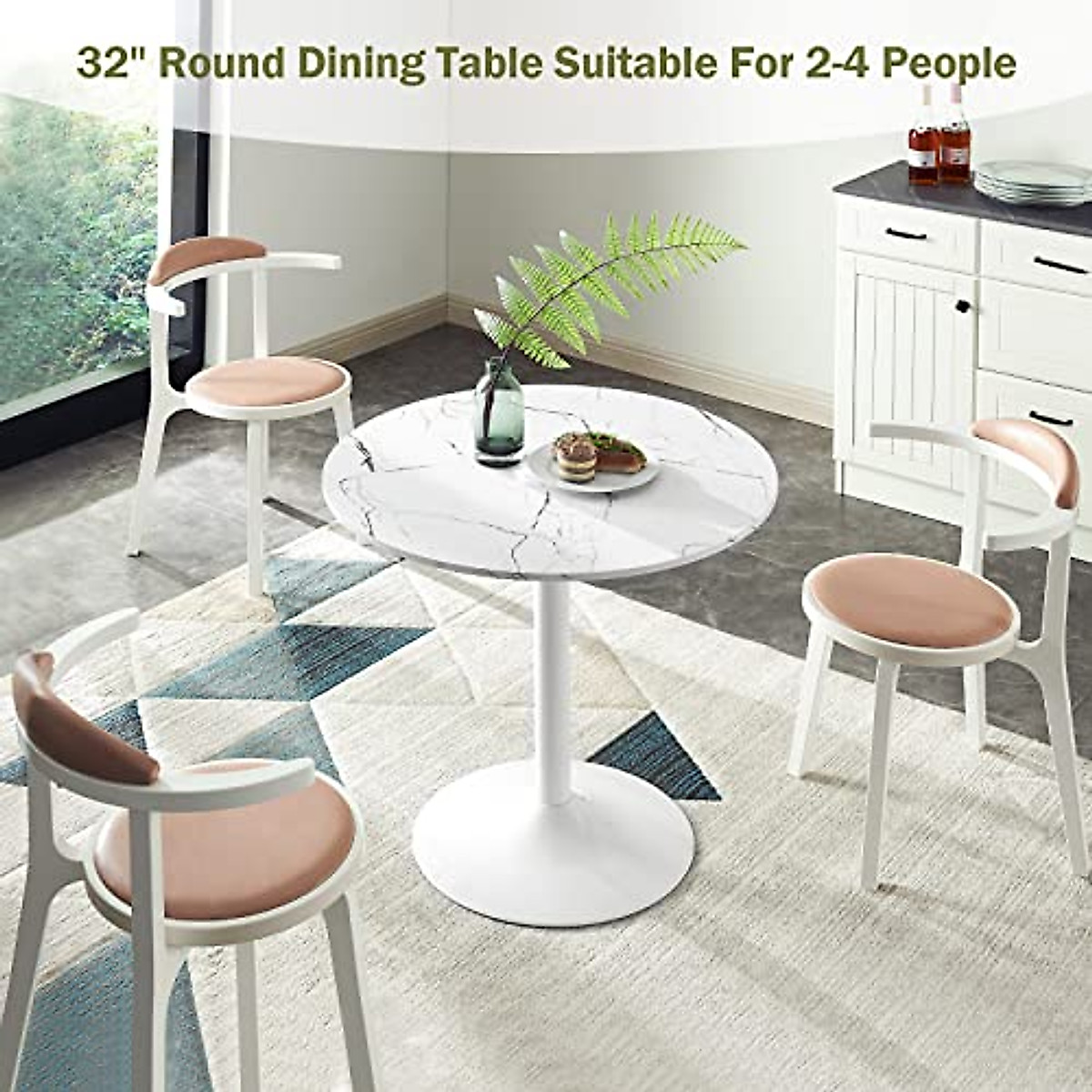 Modern Round Dining Table 31.5" - Round Dining Table with Faux Marble Top and Pedestal Base - Mid-Century Leisure Table White - Modern Round Coffee Table for Kitchen, Dining Room, Living Room