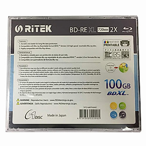 Ritek BD-RE XL Rewritable BDXL 100GB Triple Layers 2X White Inkjet Hub Printable Blank Disc