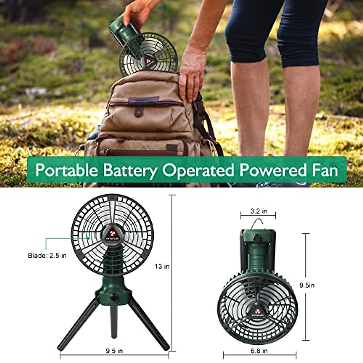 CONBOLA Portable Battery Operated Fan with LED Lantern, 270° Oscillating Fan 10400mAh Outdoor Small Rechargeable Camping Fan, Personal Desk Fan with Hanging Hook for Tent, Bedroom