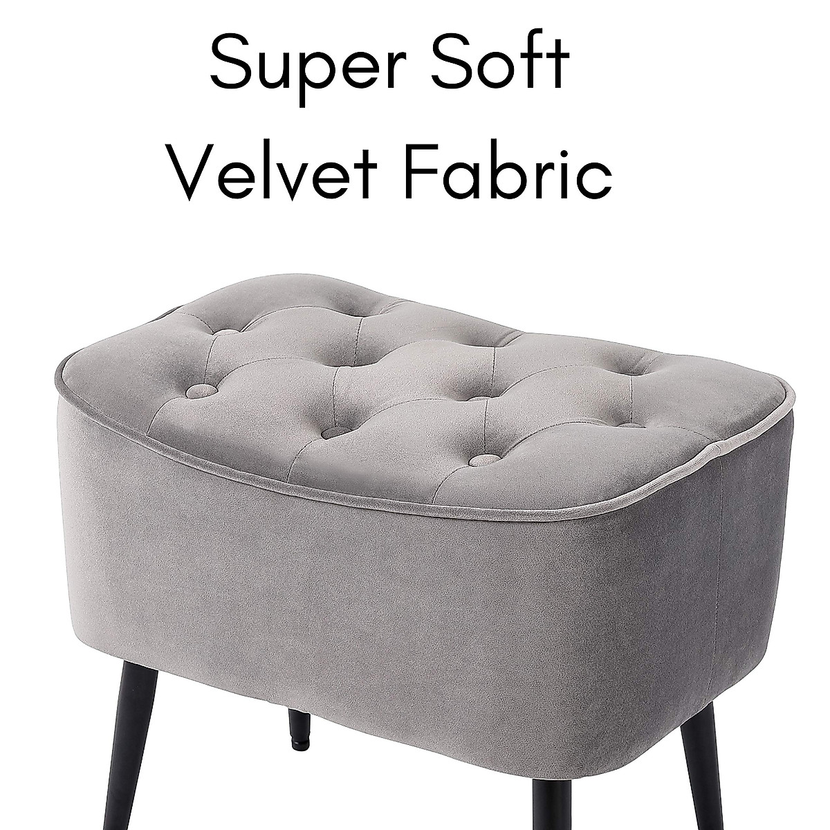 BIRDROCK HOME Tufted Curve Grey Ottoman – Velvet Foot Stool – Mid Century Modern Steel Legs - Soft Compact Padded Stool - Living Room or Bedroom – Vanity Chair - Decorative Furniture