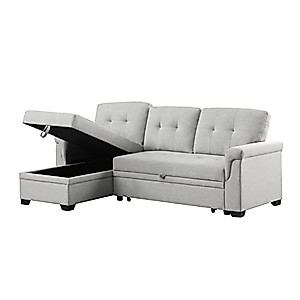 RITSU L-Shape Reversible Linen Fabric Sleeper Sectional Sofa with Storage Chaise, Light Gray Corner Couch with Arms for Living Room, Home Furniture, Apartment, Dorm