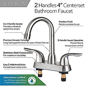 SOKA Centerset Bathroom Sink Faucet Two Handles High Arc 4" Lavatory Bath With Deck Plate & Pop-Up Drain Fit 3 Hole Installation, Brushed Nickel (SK18001NY)