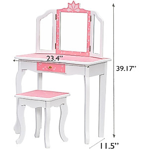 GAOMON Kids Vanity, Girls Vanity Table with Tri-Folding Mirror,Stool & Drawer, 2 in 1 Wooden Princess Makeup Desk Dressing Table, Toddler Vanity,Pretend Play Vanity Set for Kids