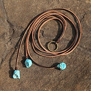 PERNNLA PEARL Bohemian Synthetic Turquoise Necklace Handmade Vintage Y-shaped Jewelry with Genuine Flat Brown Leather