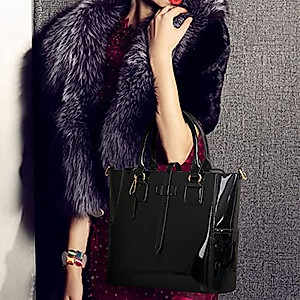 XingChen 3-PC Patent Women Handbag+Crossbody Bag+Card Bag Shiny Faux Leather Top Handle Satchel Shoulder Tote Bag Purses(Black)