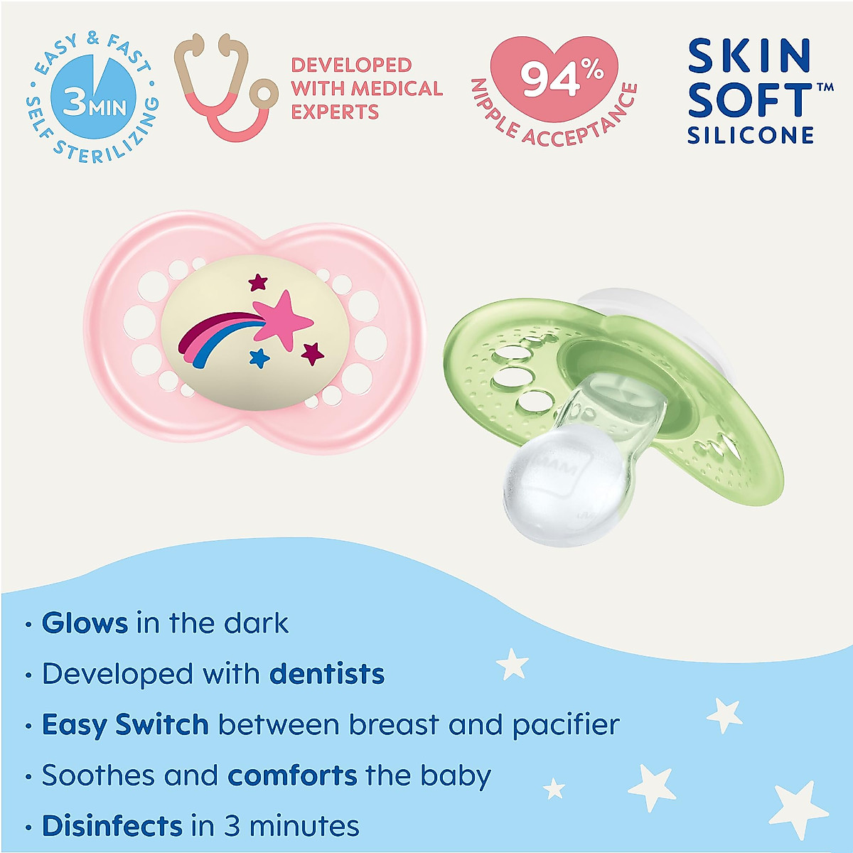 MAM Night Pacifiers (2 Count), MAM Pacifiers 6+ Months, Best Pacifier for Breastfed Babies, Glow in the Dark Pacifier, Baby Girl Pacifier (Design may vary), 6-16 (Pack of 2)