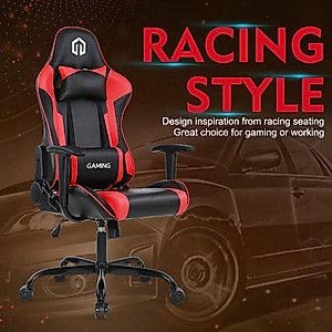 GOTMINSI Computer Gaming Chair with Headrest and Lumbar Cushion, Ergonomic Gaming Chair Office Chair 290lbs for Adults, Video Game Chairs Racing Chair High Back Leather Adjustable, (BK/Red)