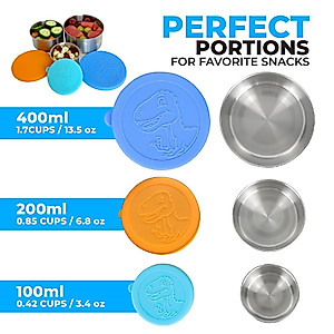 Dinosaur Stainless Steel Snack Containers for Kids Toddlers, Lunch Box Cups for Boys, Reusable Metal Holder Cup with No-Spill Silicone Lids, Food Storage for Daycare School Travel Snacks 3 pack Blue