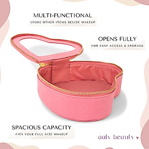 Aaly Beauty Heart Makeup Bag – Pink Heart Shaped Cosmetic Organizer with Clear Cover – Large Capacity for Full Size Makeup – Fits Daily Essential Skincare, Makeup and Brushes