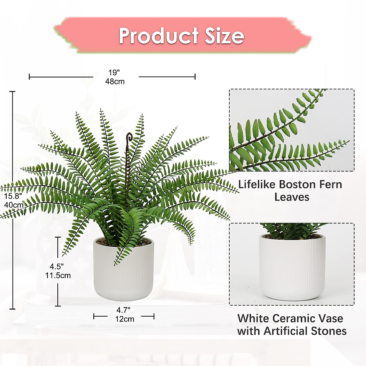 DILATATA Faux Plant Indoor in Ceramic Pot 16" Artificial Potted Boston Fern Fake House Plants for Desk Office Bathroom Garden Decoration