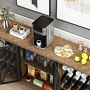 O&K FURNITURE Wine Bar Cabinet for Liquor and Glass with Storage & LED Lights, Rustic Metal Wood Wine Rack Buffet Cabinet, Industrial Coffee Bar Cabinet for Living Room, Home Bar (Brown)