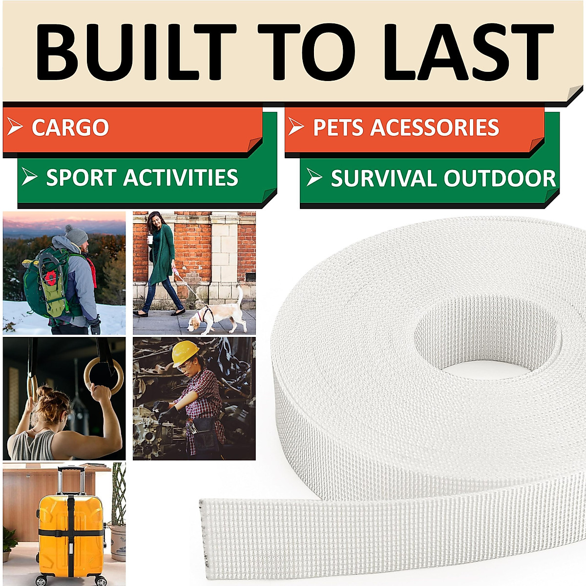 DEYACE 2 Inch Nylon Webbing Strap with Plastic Tri-Glide Slide Clips, 10 25 50 Yards Heavy Duty Nylon Strapping for Indoor or Outdoor Gear, DIY Crafting, Repairing (White, 2" x 10 Yards)