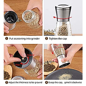 Professional Salt and Pepper Grinder Set of 2 - Brushed 304 Stainless Steel, Adjustable Ceramic Coarseness, Pepper, Sesame, Spice Salt Shaker, Pepper Grinder, Added Bonus Two Cleaning Brush- 6 Oz