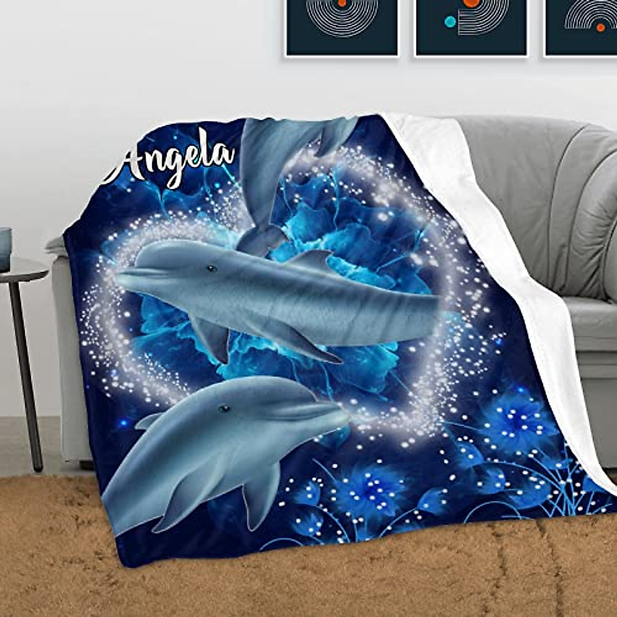 Blue Dolphin Personalized Name Soft Fleece Bed Blankets Throws as Birthday Wedding Gifts for Sofa Couch 50'' x 60''