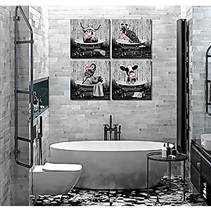 KALAWA Bathroom Pictures Wall Decor Set of 4 Funny Animal Black and White Bathroom Decor Wall Art Pink Bubble Canvas Wall Art Highland Cow Giraffe Elephant Cows Home Decor Framed Ready to Hang 12x12