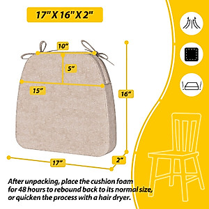 AAAAAcessories D-Shaped 2'' Thick Chair Cushions, Removable, Machine Washable Cover and Ties, Chair Pads for Indoor Dining Room and Kitchen Chairs, 17'' x 16'', Set of 4, Beige