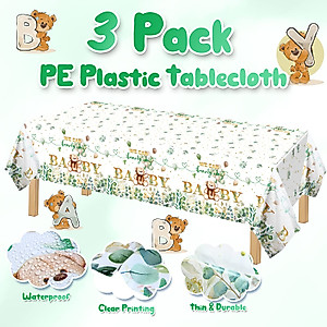 3 Packs We Can Bearly Wait Baby Shower Tablecloth Decorations Teddy Bear Table Cover Balloon Bear Plastic Tablecloth for Bear Theme Birthday Baby Shower Party Decor, 54 x 108 Inch (Green Leaf Style)