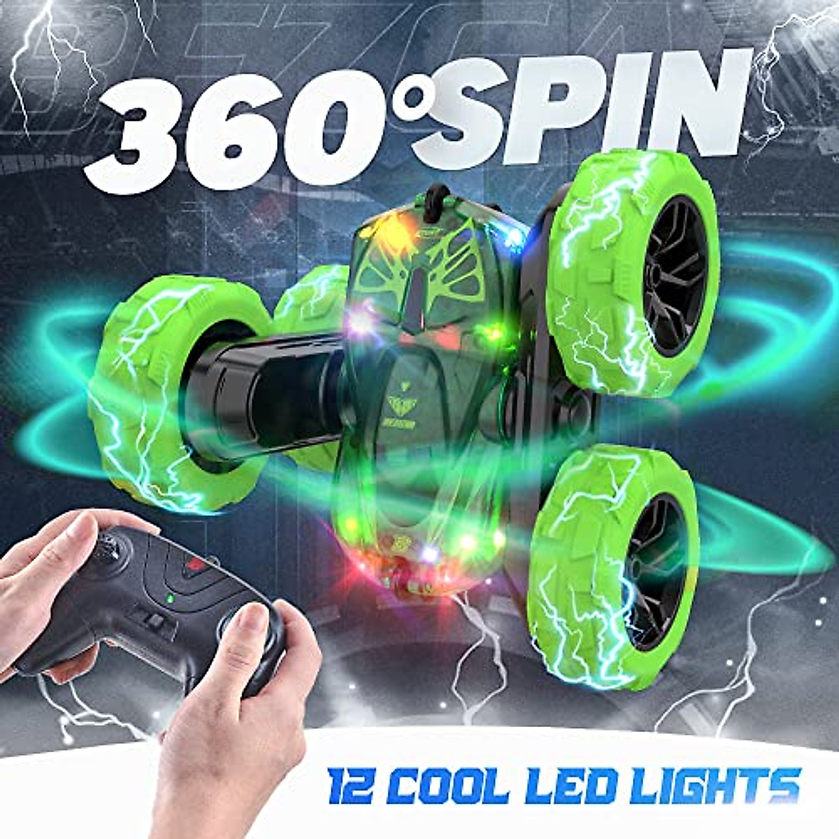 BEZGAR LED Remote Control Car for Boys, 2.4GHz Double Side 360 Flips RC Stunt Car for Boys 8-12, 4WD All Terrain Stunt Car with Rechargeable Battery
