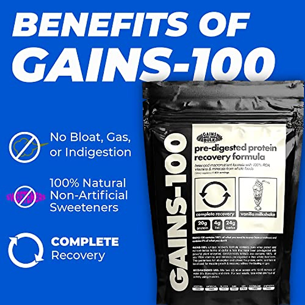 Gains In Bulk GAINS-100 Pre-Digested Recovery Formula - Whey Protein, Vanilla Milkshake, 4.96 lb Dietary Supplement | Balanced Macronutrient Formula with 100% RDA Vitamins and Minerals from Whole Food