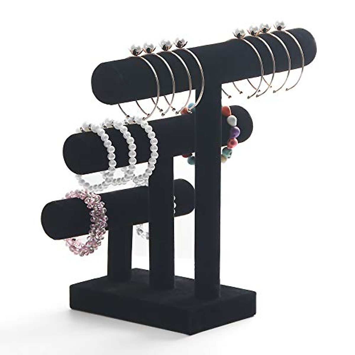 Wuligirl 3 Tier T-Bar Bracelet Jewelry Display Stand Bangle Organizer Storage Holder Velvet Black (3T Bar)
