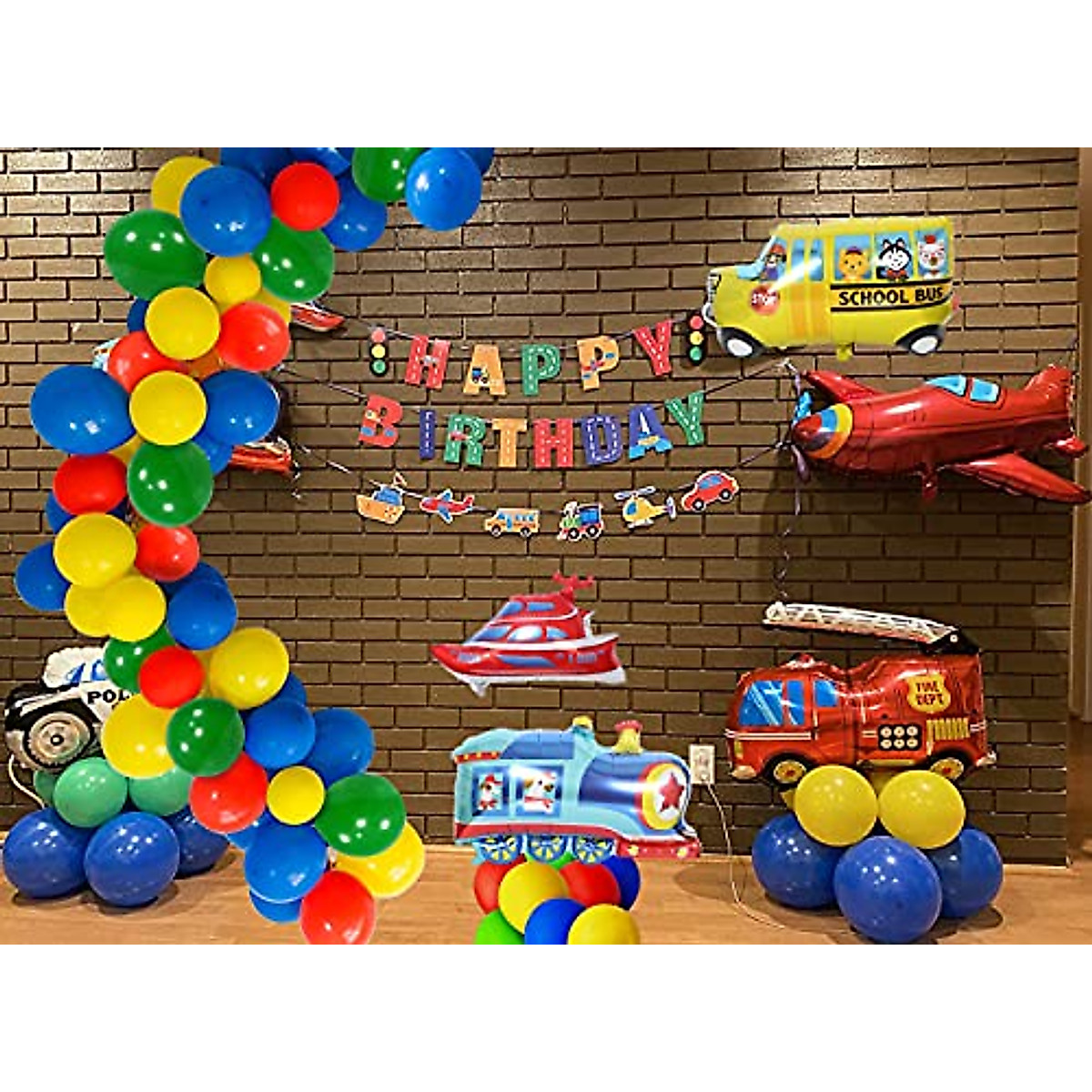 BIRLON Construction Birthday Party Supply, Transport Vehicle Theme Decoration for Boy Baby Shower, Red Green Yellow Blue Balloon Garland Arch Kit Car Reusable Truck Plane Train Police School Bus Foil