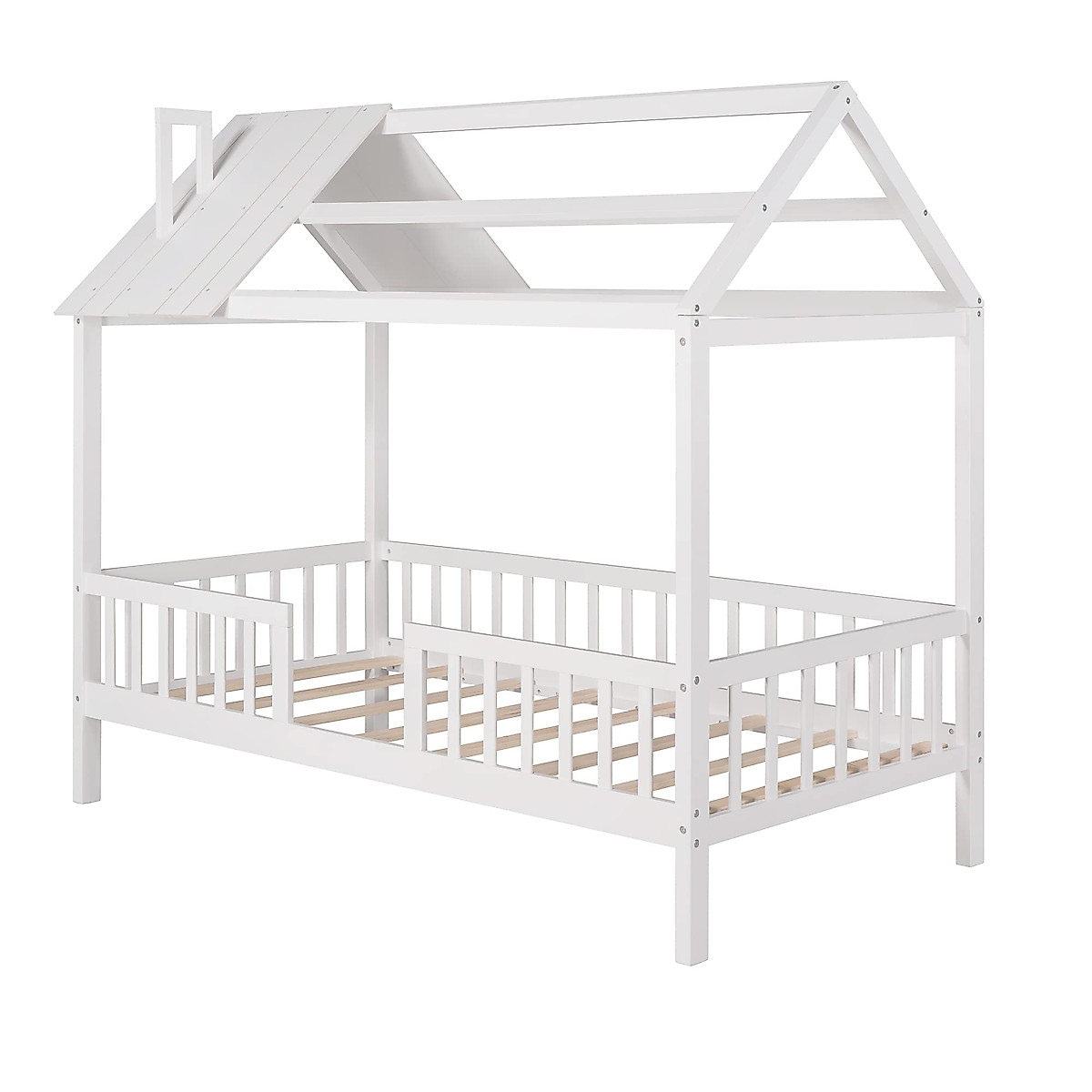 VilroCaz Twin Size Wood House Bed with Safety Full-Length Fence, Playhouse Design Tent Bed Platform Bed Frames with Roof, Strong Sturdy Wood Slats Support for Kids, Girls & Boys (White-Twin)