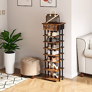Homeiju Shoe Rack Organizer,8-Tier Vertical Shoe Rack,Wooden Shoes Rack for Entryway,Narrow Shoe Rack Shoes Storage Organizer with Wooden Top & Drawer for Entryway, Hallway,Rustic Brown