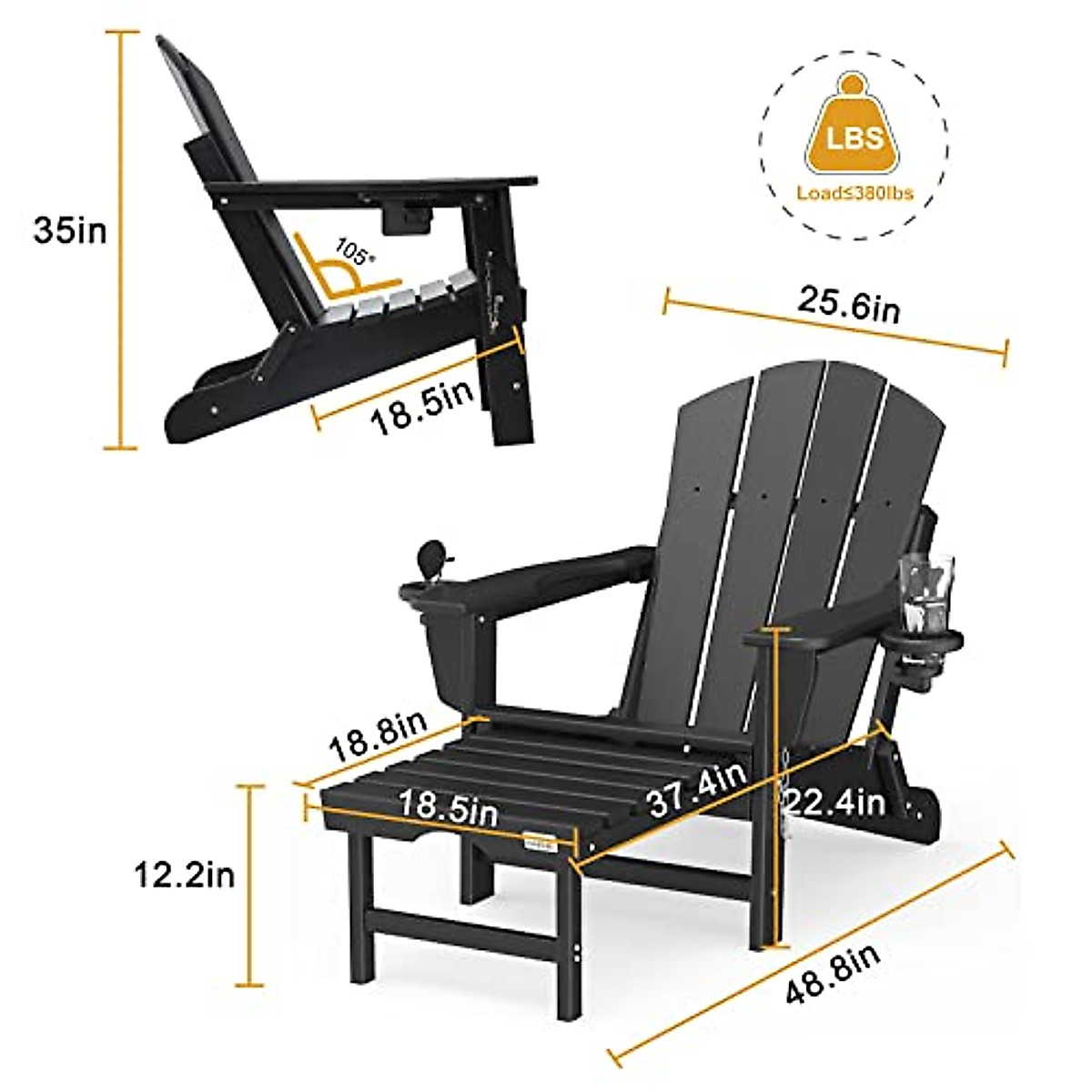 Mdeam Folding Adirondack Chair Lawn Outdoor Fire Pit Chairs Weather Resistant with 2 Cup Holder/Adirondack Retractable Ottoman（Black）