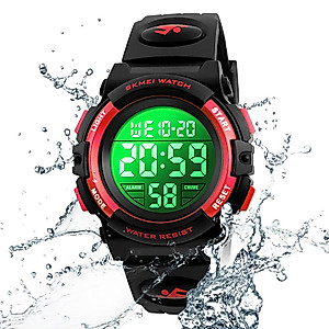 FIZILI Boys Watch Digital Sports Waterproof Outdoor Kids Watches Alarm Clock 12/24 H Stopwatch Calendar 3-15 Year Old Boys Girls Wristwatch - Black Red