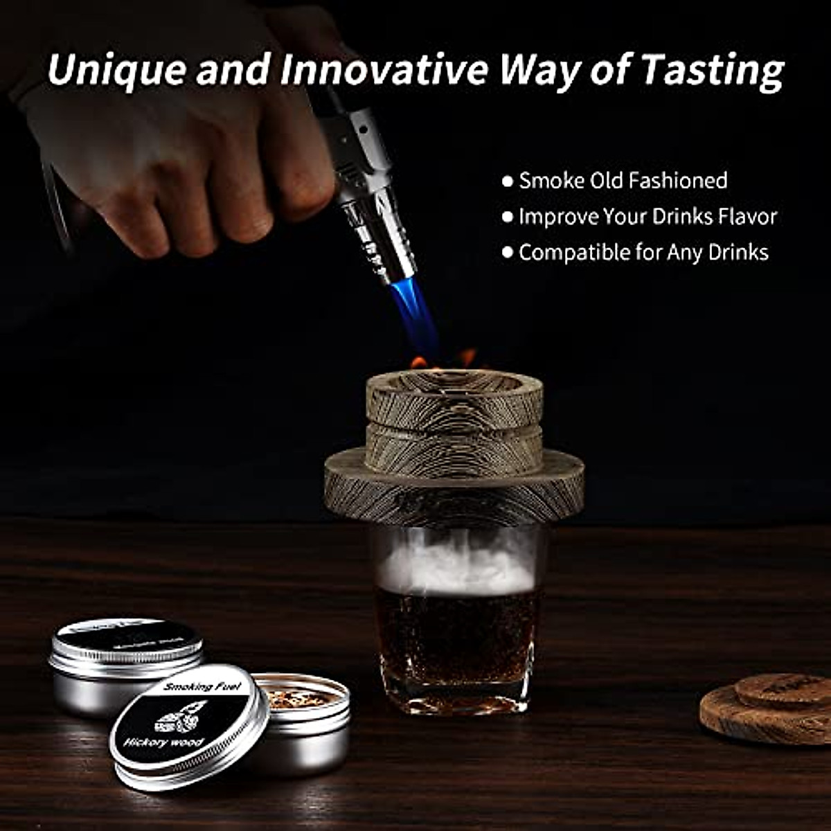 Fkamz Whiskey Smoker Kit with Torch, Cocktail Smoker Kit Gifts for Men, Bourbon Smoker Kit with 6 Flavors Wood Chips Old Fashioned Drink Smoker Infuser Kit - Gift for Whiskey Lovers, Dad, Husband, Men (Butane Not Included)