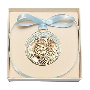 Gold Oxide Baby with Guardian Angel Crib Medal with Blue Ribbon- Boxed