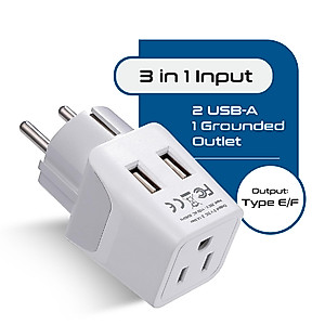 Ceptics Europe Travel Adapter Plug Set Schuko - with 2 USB + USA Socket Input - Type E/F and Type C - Ultra Compact - Safe Grounded Perfect for Cell Phones, Laptops, Camera Chargers (CTU-9-9C-PK)