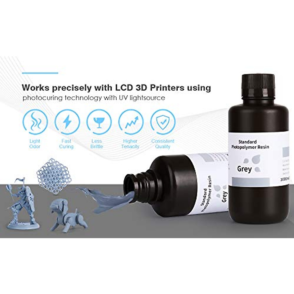 ELEGOO 3D Printer Resin LCD UV-Curing Resin 405nm Standard Photopolymer Resin for LCD 3D Printing Grey 1000g