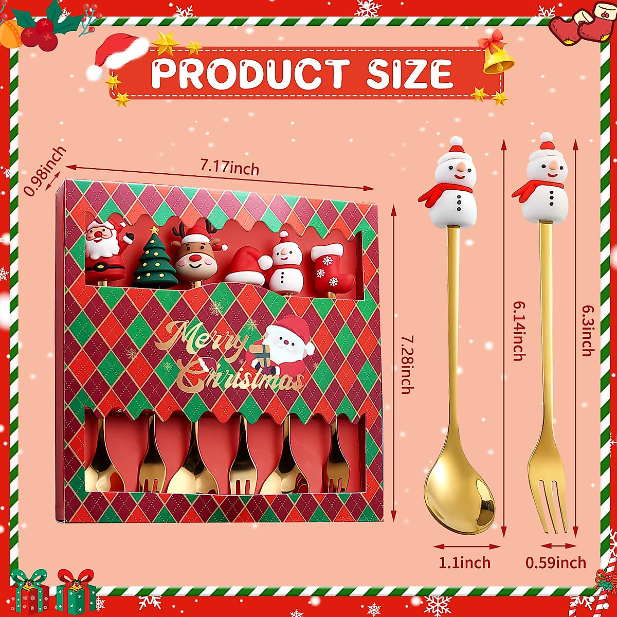 Ganbaro® Christmas Forks and Spoons, Dessert Forks and Spoons, Christmas Cutlery 3 Christmas Spoons and 3 Christmas Forks Stainless Steel Set with Gift Box for Festive Celebrations