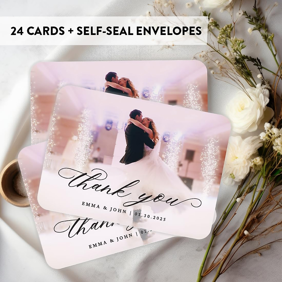 Andaz Press 5x7 Inch Photo Personalized Wedding Thank You Cards With Envelopes, Classic Wedding Thank You Card With Message, Customized Thank You Cards,Wedding Thank You Notes Bulk 24 Pack Made in USA