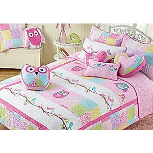Cozy Line Home Fashions Cute Owl Pink Blue Green Embroidery 100% Cotton Reversible Girl Bedding Quilt Set, Coverlet, Bedspreads (Pink Owl, Twin - 2 Piece)