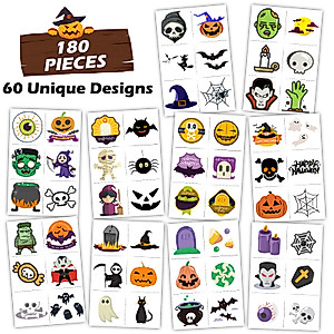 180pcs 60 Designs Halloween Temporary Tattoos for Kids, Children Fake Tattoos Stickers Party Supplies, Pumpkin Lantern Ghost Vampire Tattoo Body Sticker Halloween Party Themed Accessory Decorations