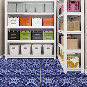 Peel and Stick Floor Tile, Blue Flower Vinyl Flooring, Durable and Waterproof for Update Bathroom Kitchen Basement, 12x12In, 10pc