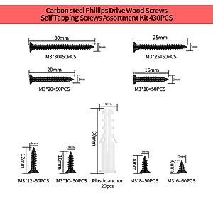 430 Pcs M3 Wood Screws Assortment Kit, Black Flat Head Self-Tapping Screws, Cross Drive Head Countersunk Head Screws Fasteners, Assorted Chipboard Cabinet Screws with 20 Plastic Wall Screw Anchors