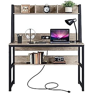 Yaheetech Home Office 47 Inch Writing Desk with Power Outlets and 2 USB Charging Ports for Studying, Gaming Table Computer Desk with Hutch and Bookshelf, Metal Frame Workstation for Office, Gray