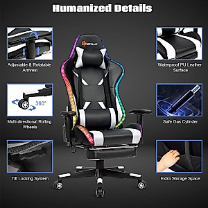 Goplus Massage Gaming Chair with RGB Light, Reclining Backrest Handrails and Seat Height Adjustment Racing Computer Office Chair with Footrest, Ergonomic High Back PU Swivel Game Chair