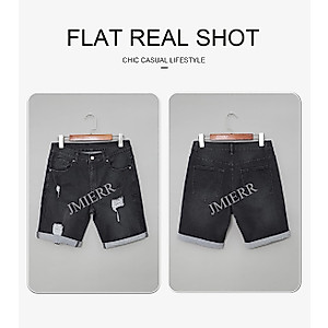 JMIERR Mens Shorts Casual Denim Stretch Slim Fit Washed Distressed Rolled Ripped Jean Shorts for Men US 36(L) Model B Black