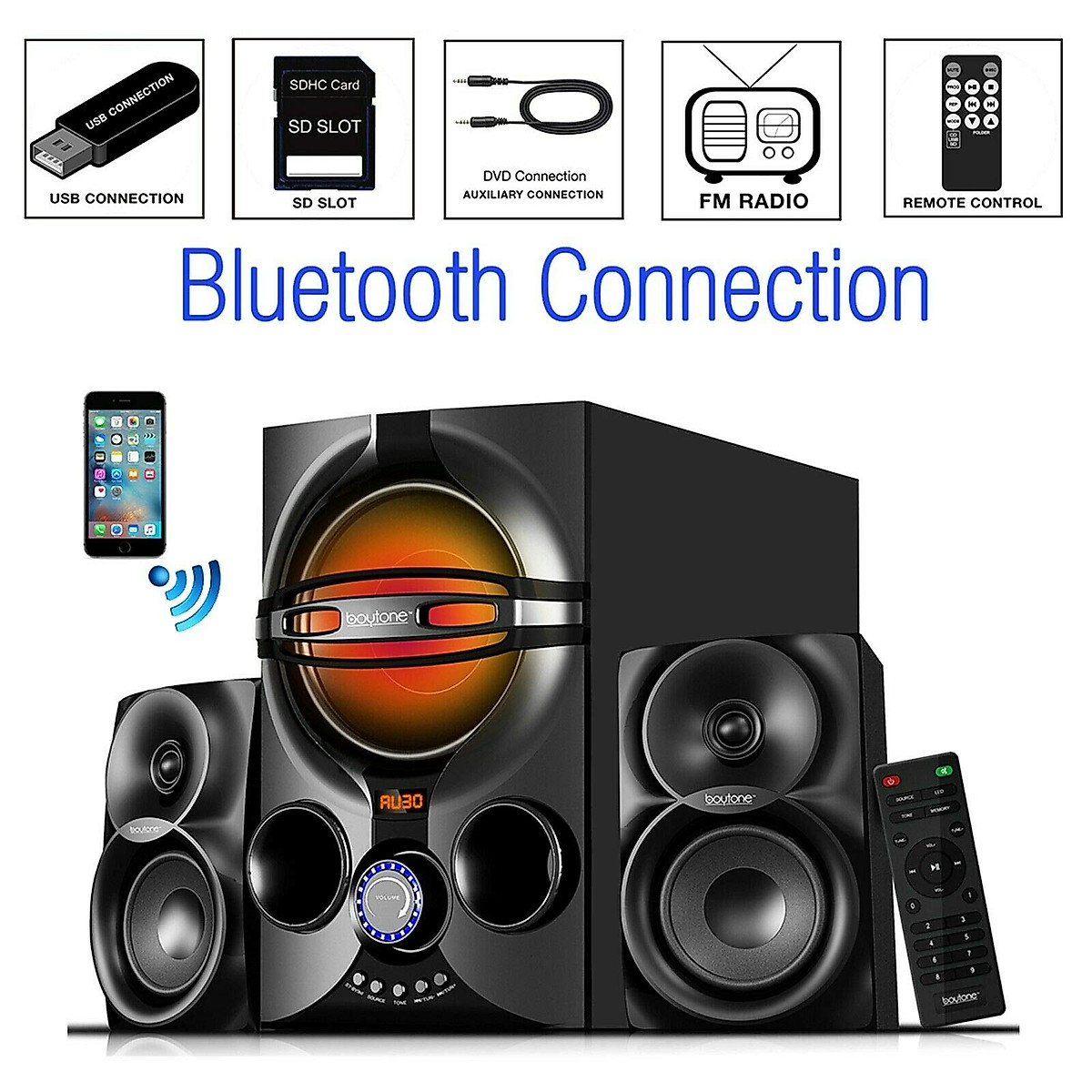Boytone BT-324F, 2.1 Bluetooth Powerful Home Theater Speaker Systems, with FM Radio, SD USB Ports, Digital Play Back, 40 Watts, RGB Light, Full Function Remote Control, Smartphone, Tablet